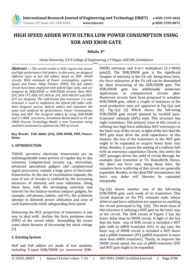 IRJET - High Speed Adder with Ultra Low Power Consumption using XOR and XNOR Gate | PDF