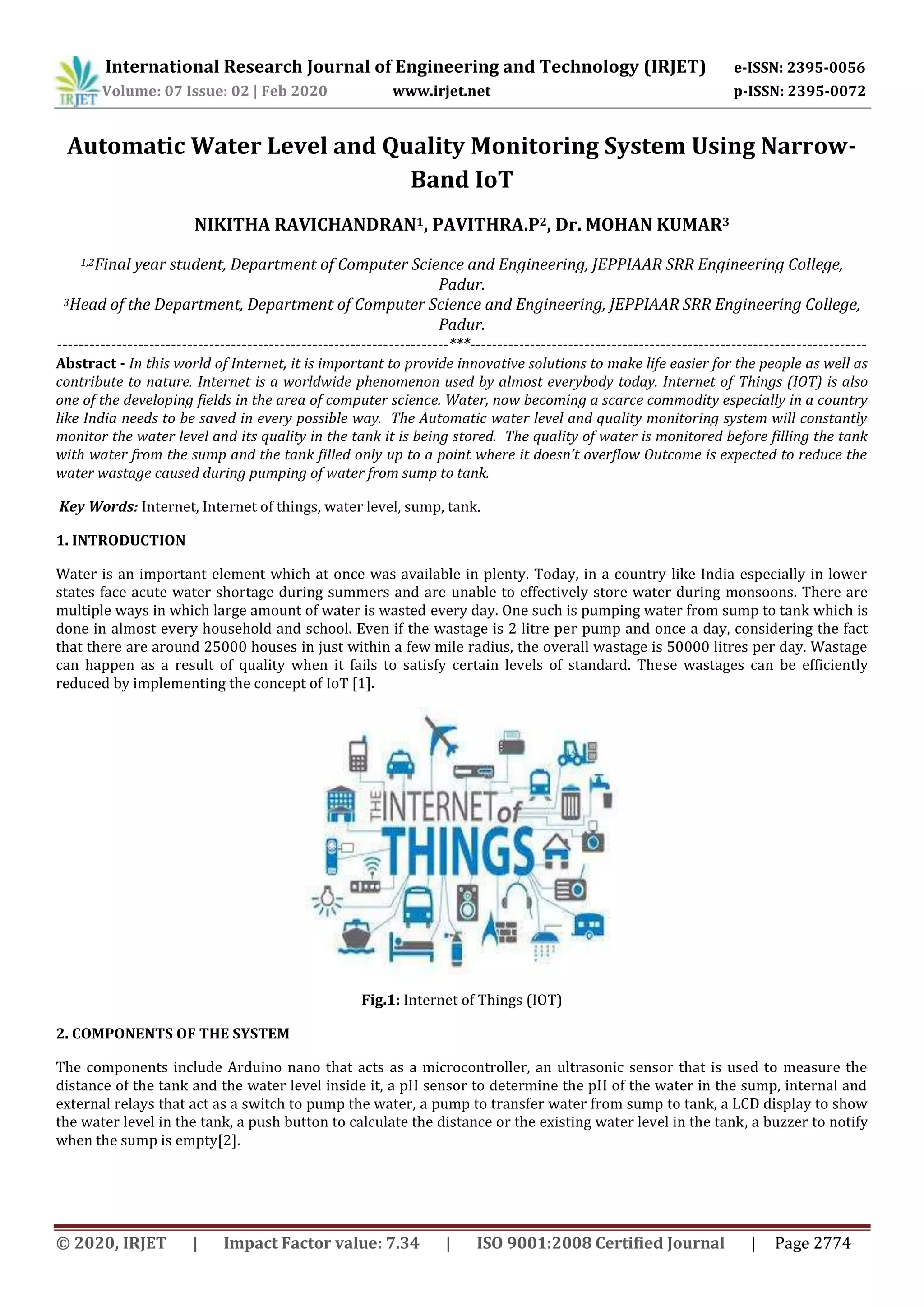 IRJET - Automatic Water Level and Quality Monitoring System using ...