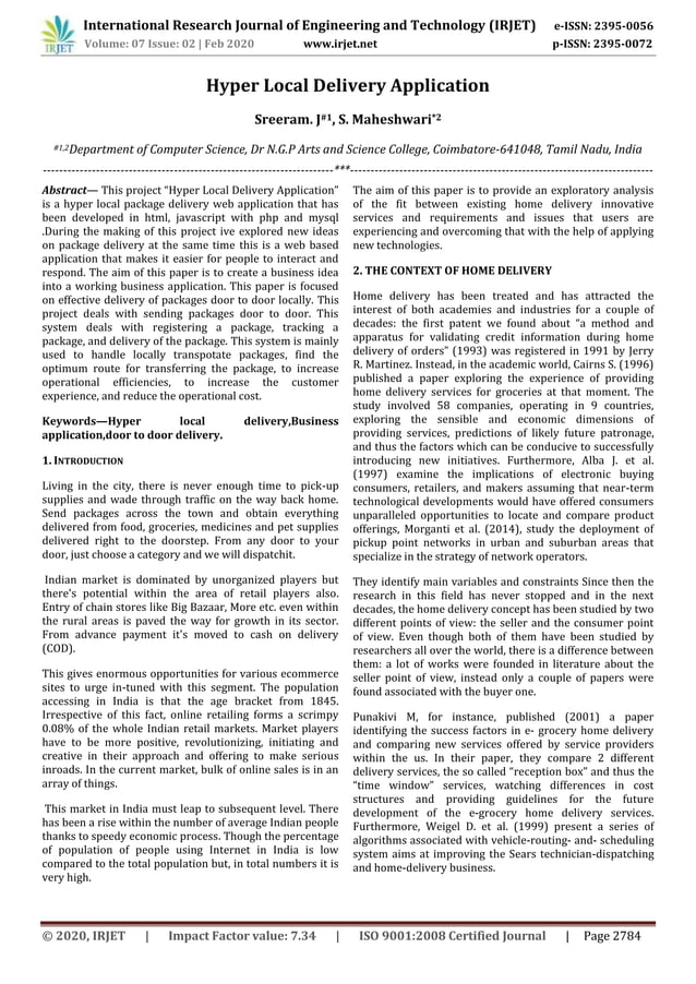IRJET - Hyper Local Delivery Application | PDF | Business | Business and Finance