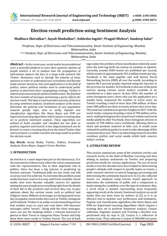IRJET - Election Result Prediction using Sentiment Analysis | PDF | Social Networking | Internet
