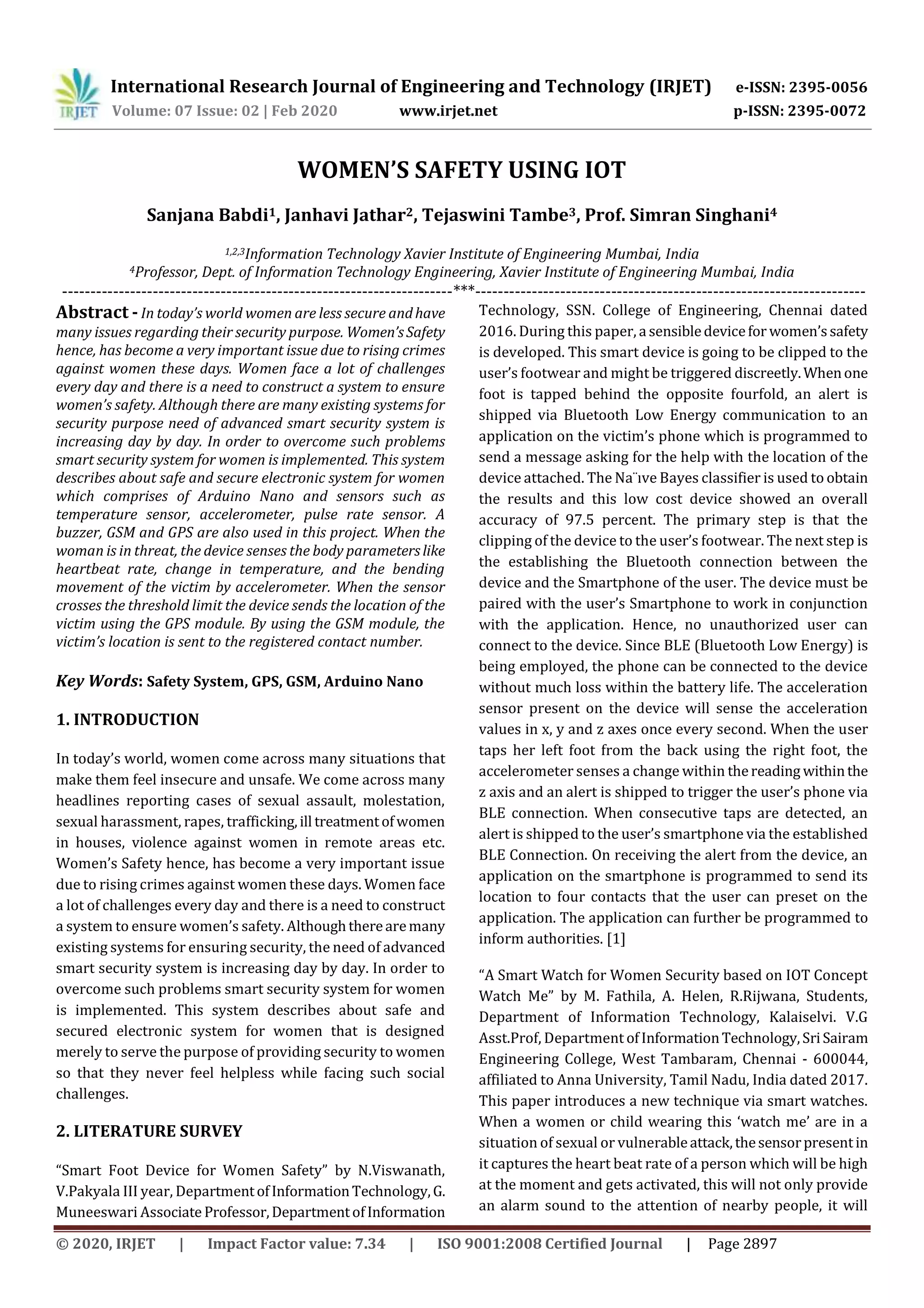 IRJET - Women’s Safety using IoT | PDF