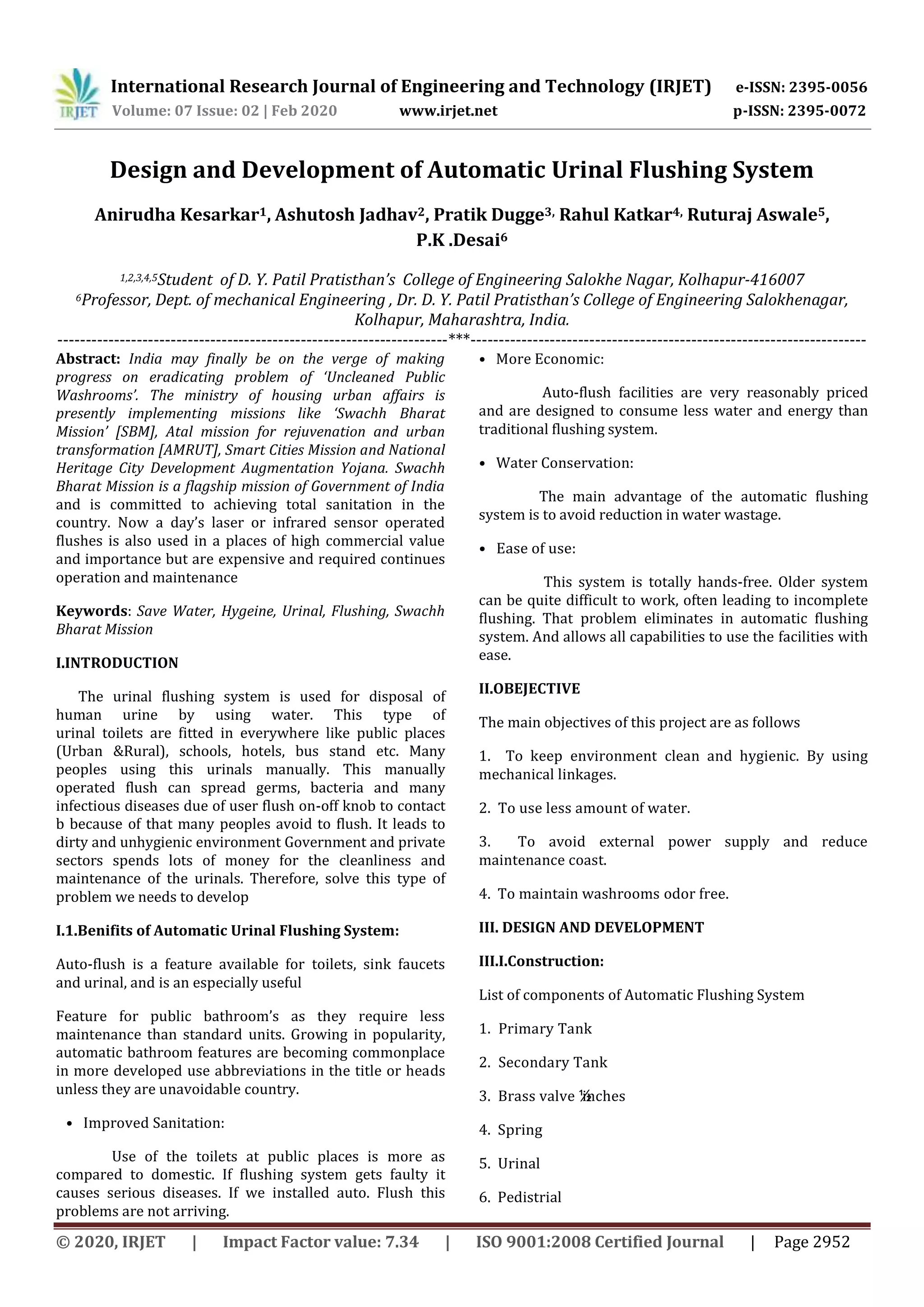IRJET - Design and Development of Automatic Urinal Flushing System | PDF