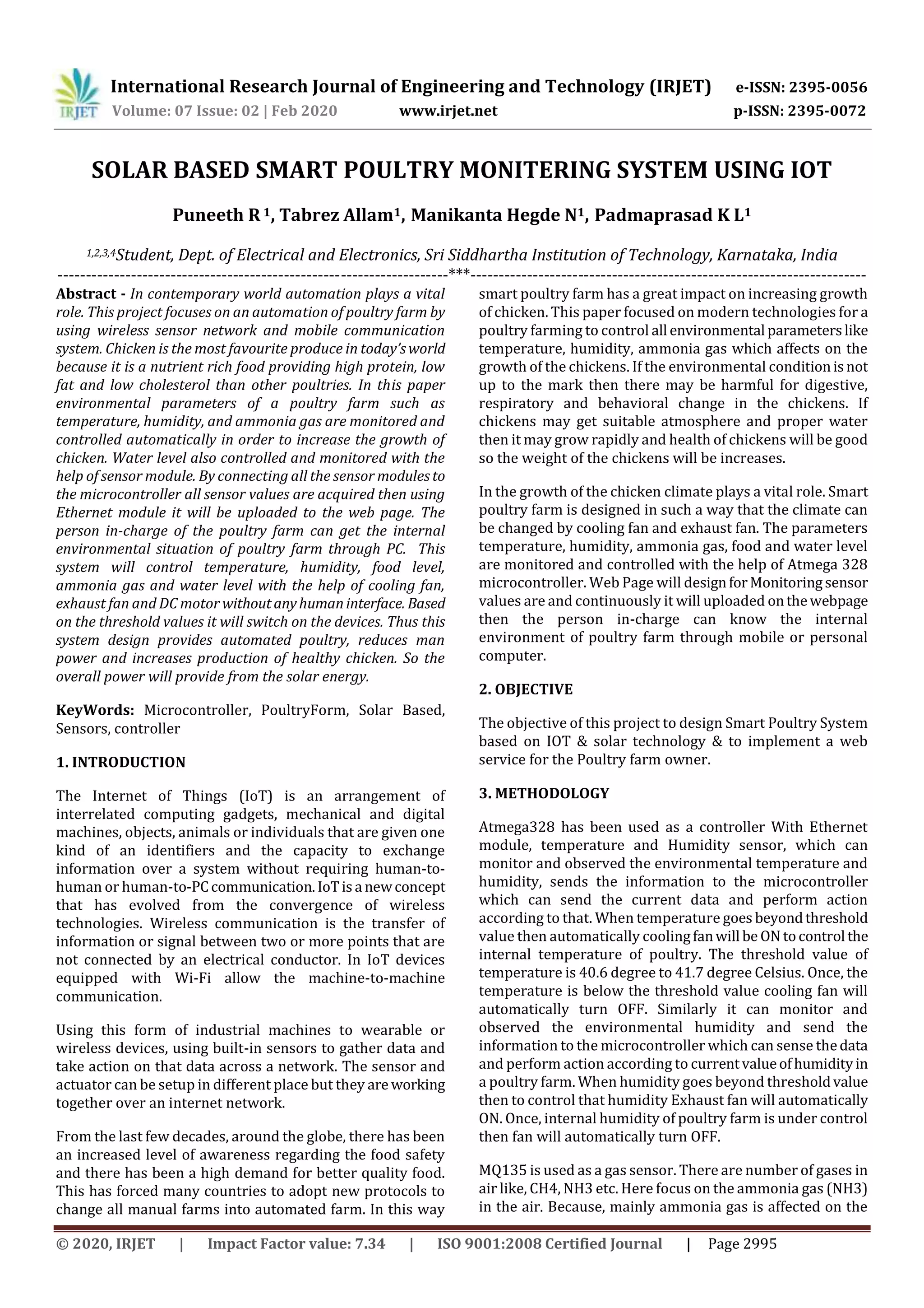 IRJET - Solar based Smart Poultry Monitering System using IoT | PDF