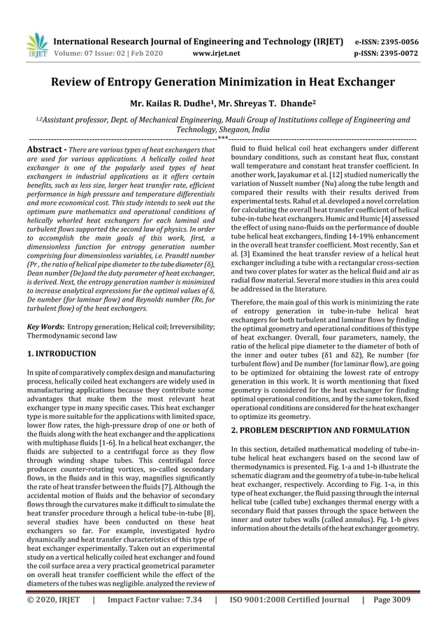 IRJET - Review of Entropy Generation Minimization in Heat Exchanger | PDF