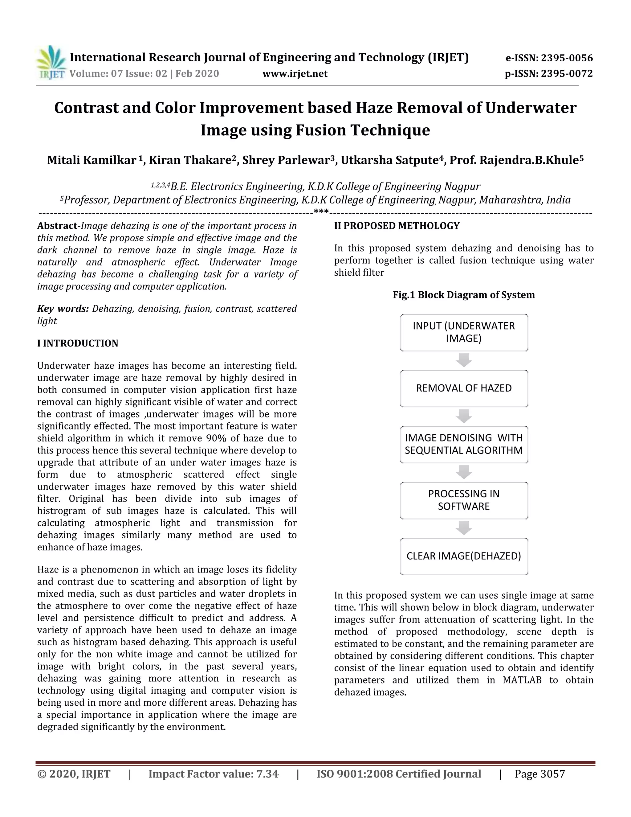 IRJET - Contrast and Color Improvement based Haze Removal of Underwater Image using Fusion ...