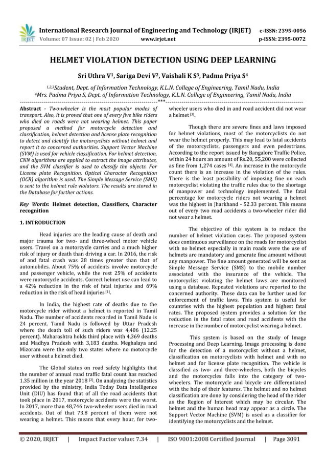 IRJET - Helmet Violation Detection using Deep Learning | PDF