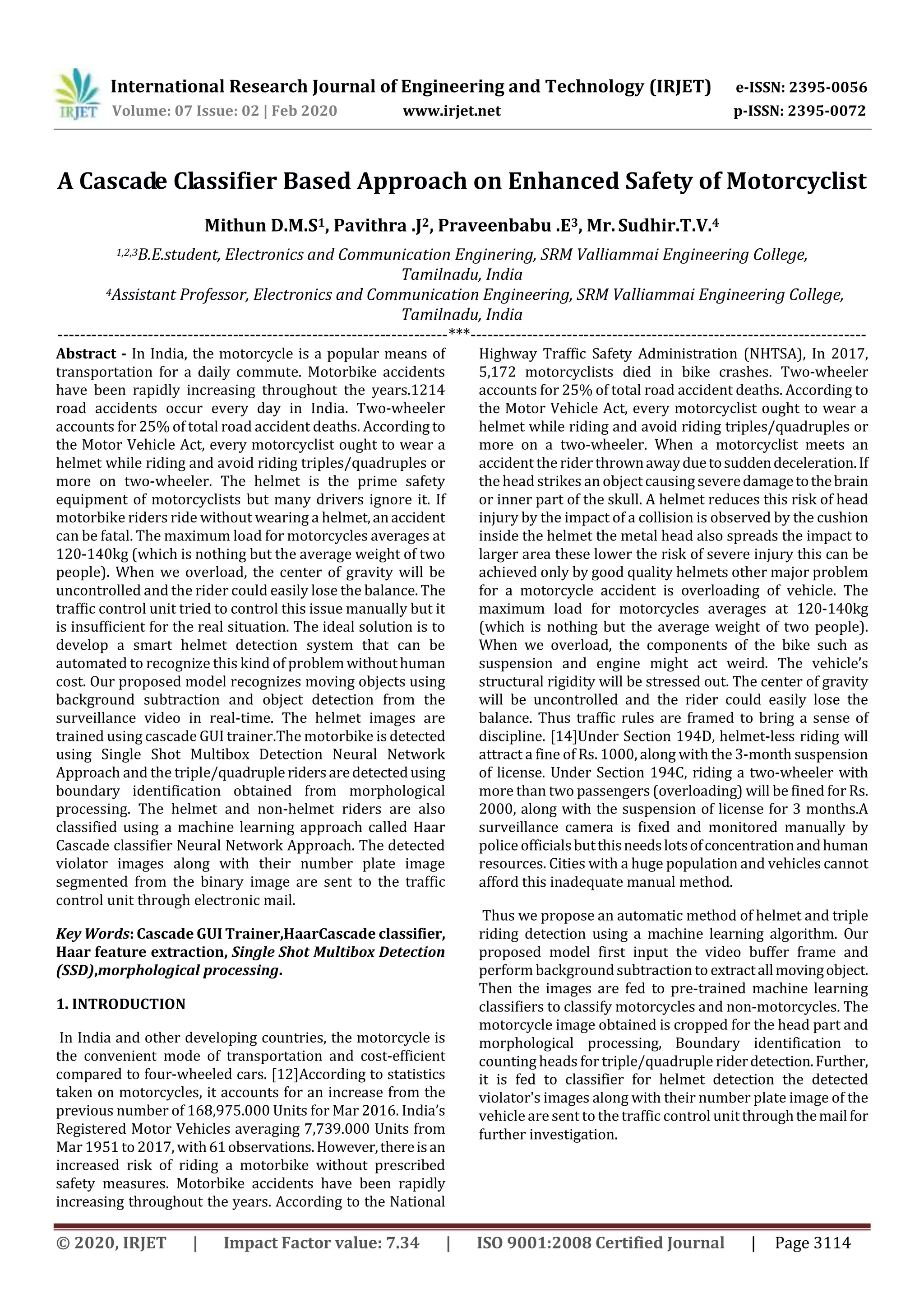 IRJET - A Cascade Classifier based Approach on Enhanced Safety of Motorcyclist | PDF
