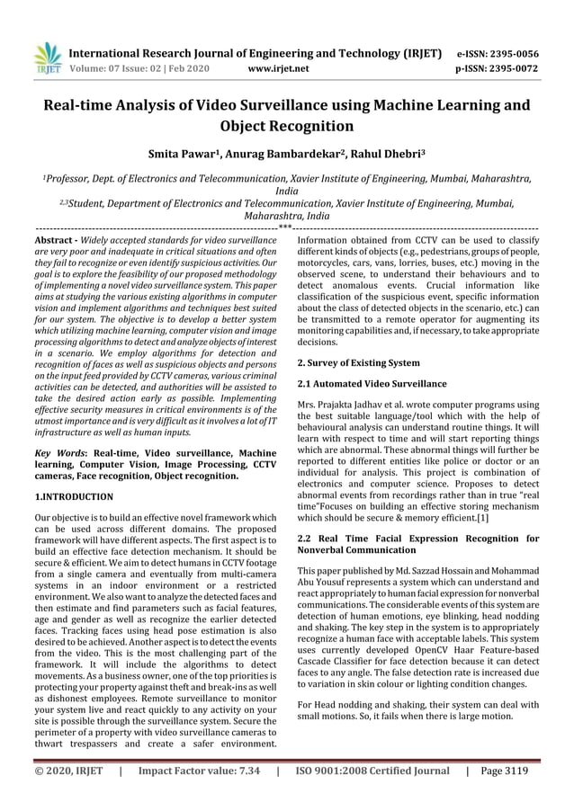 IRJET - Real-Time Analysis of Video Surveillance using Machine Learning and Object Recognition | PDF