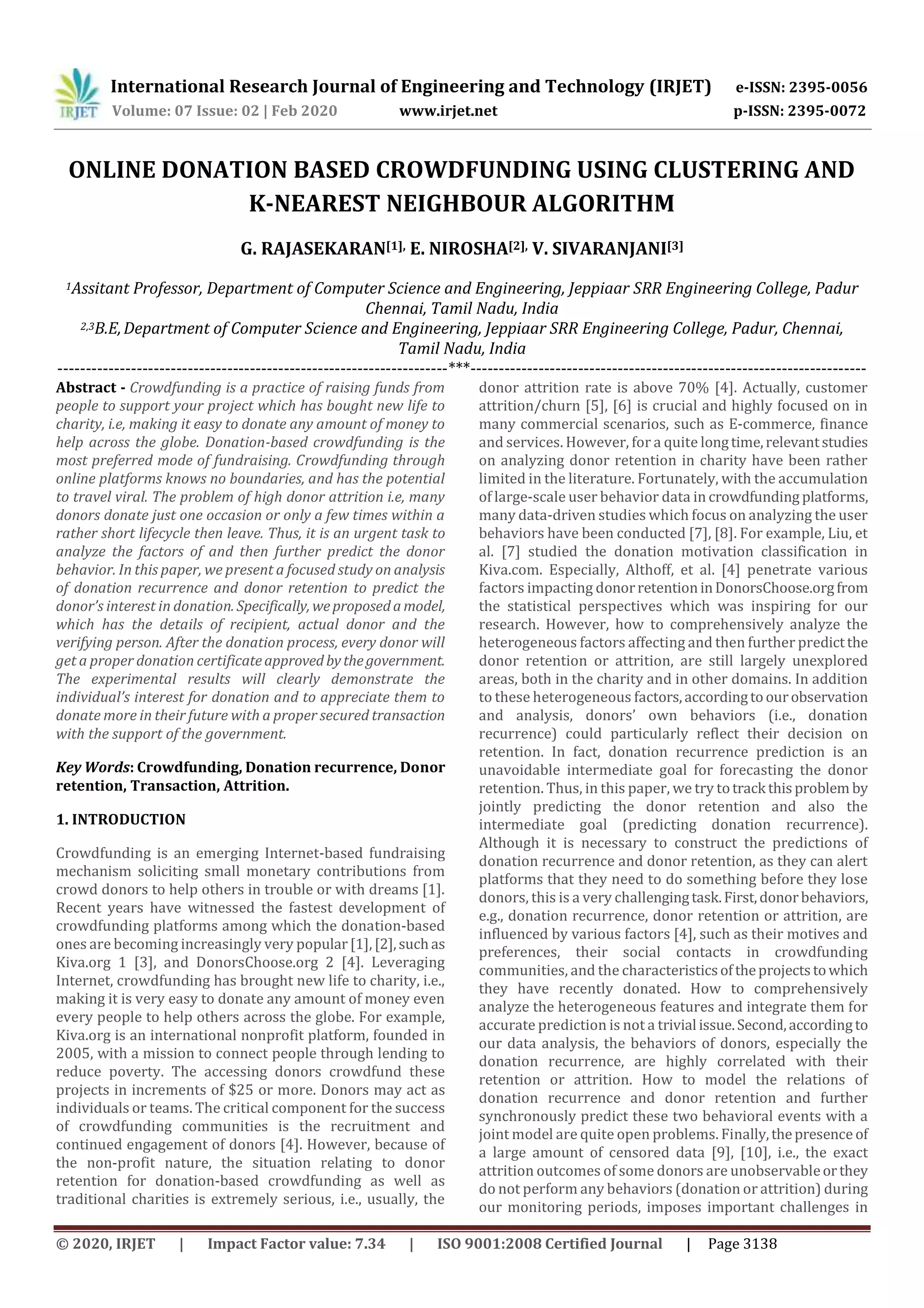 IRJET - Online Donation based Crowdfunding using Clustering and K-Nearest Neighbour Algorithm ...