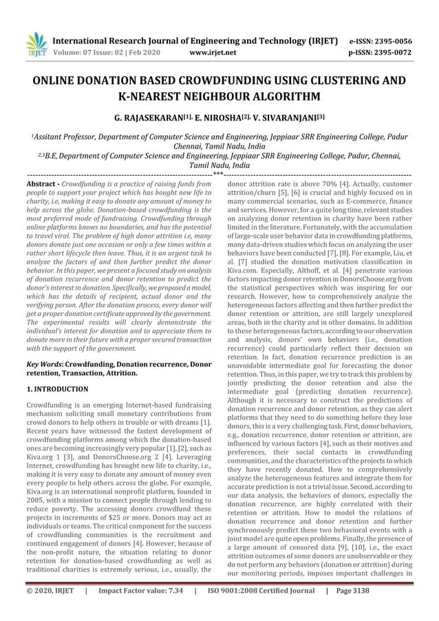 IRJET - Online Donation based Crowdfunding using Clustering and K-Nearest Neighbour Algorithm ...