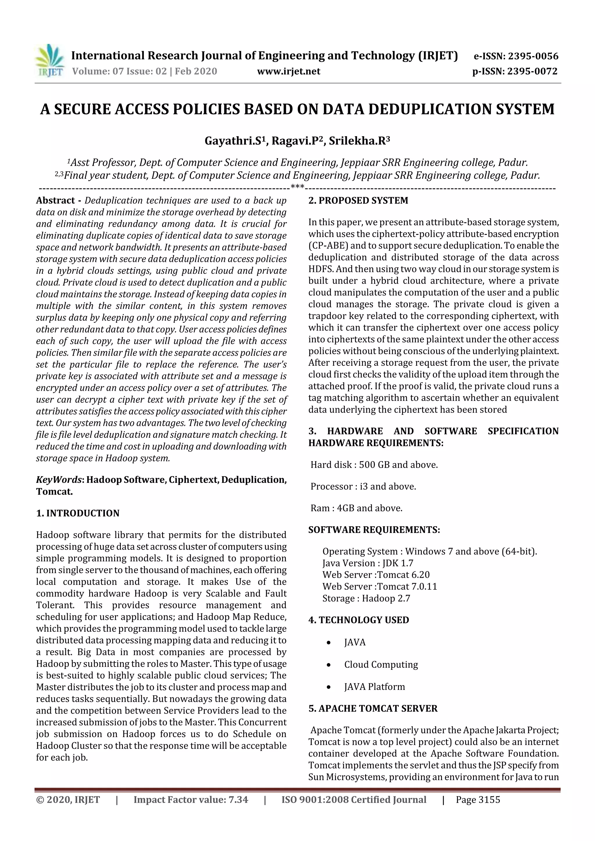 Irjet A Secure Access Policies Based On Data Deduplication System Pdf
