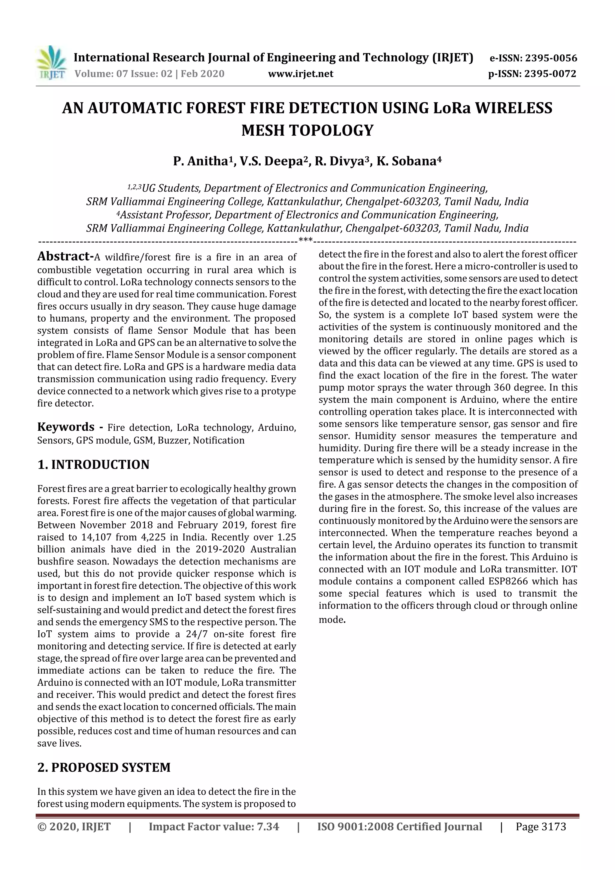 IRJET - An Automatic Forest Fire Detection using Lora Wireless Mesh Topology | PDF