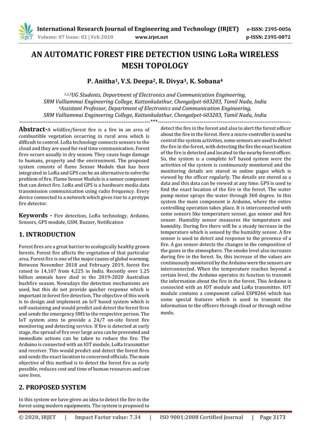 IRJET - An Automatic Forest Fire Detection using Lora Wireless Mesh Topology | PDF