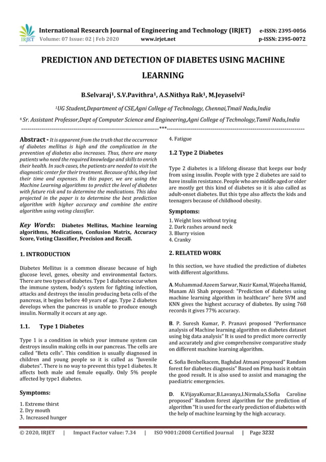 IRJET - Prediction and Detection of Diabetes using Machine Learning ...