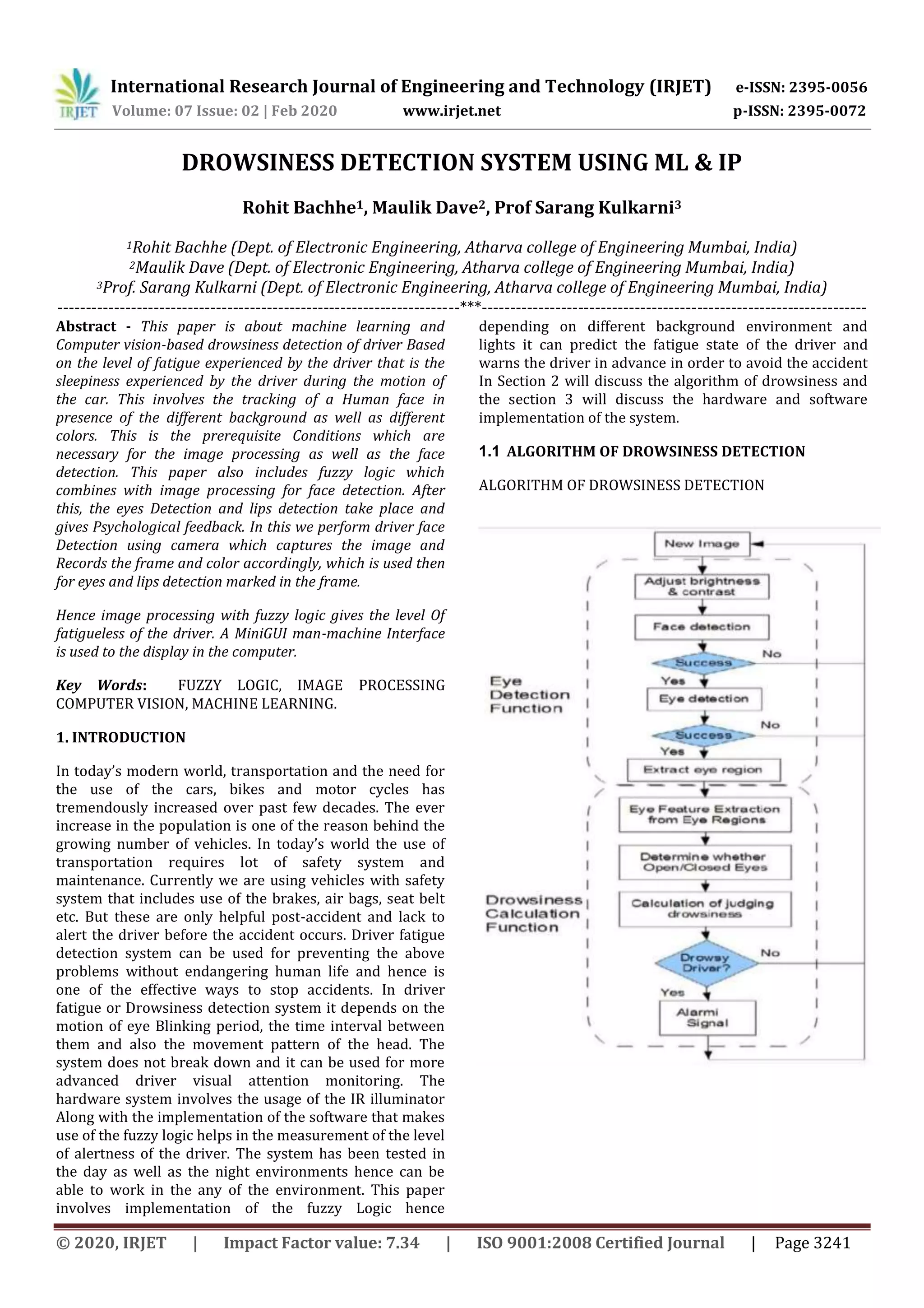 Irjet Drowsiness Detection System Using Ml And Ip Pdf