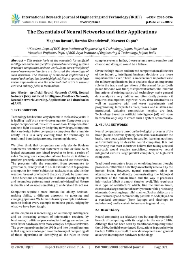 IRJET- The Essentials of Neural Networks and their Applications | PDF