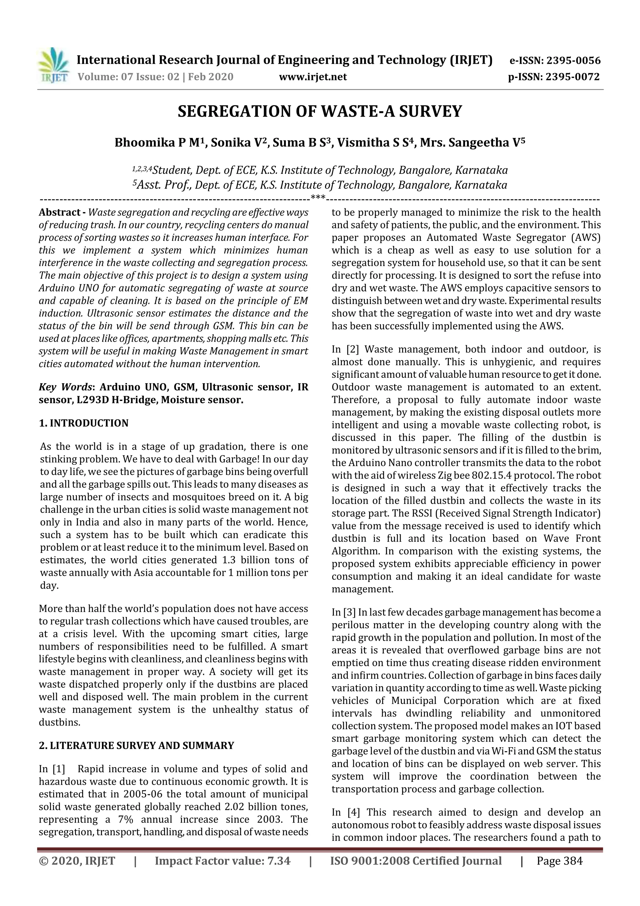 IRJET- Segregation of Waste - A Survey | PDF