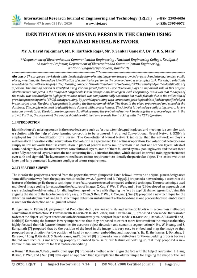 IRJET- Identification of Missing Person in the Crowd using Pretrained Neural Network | PDF