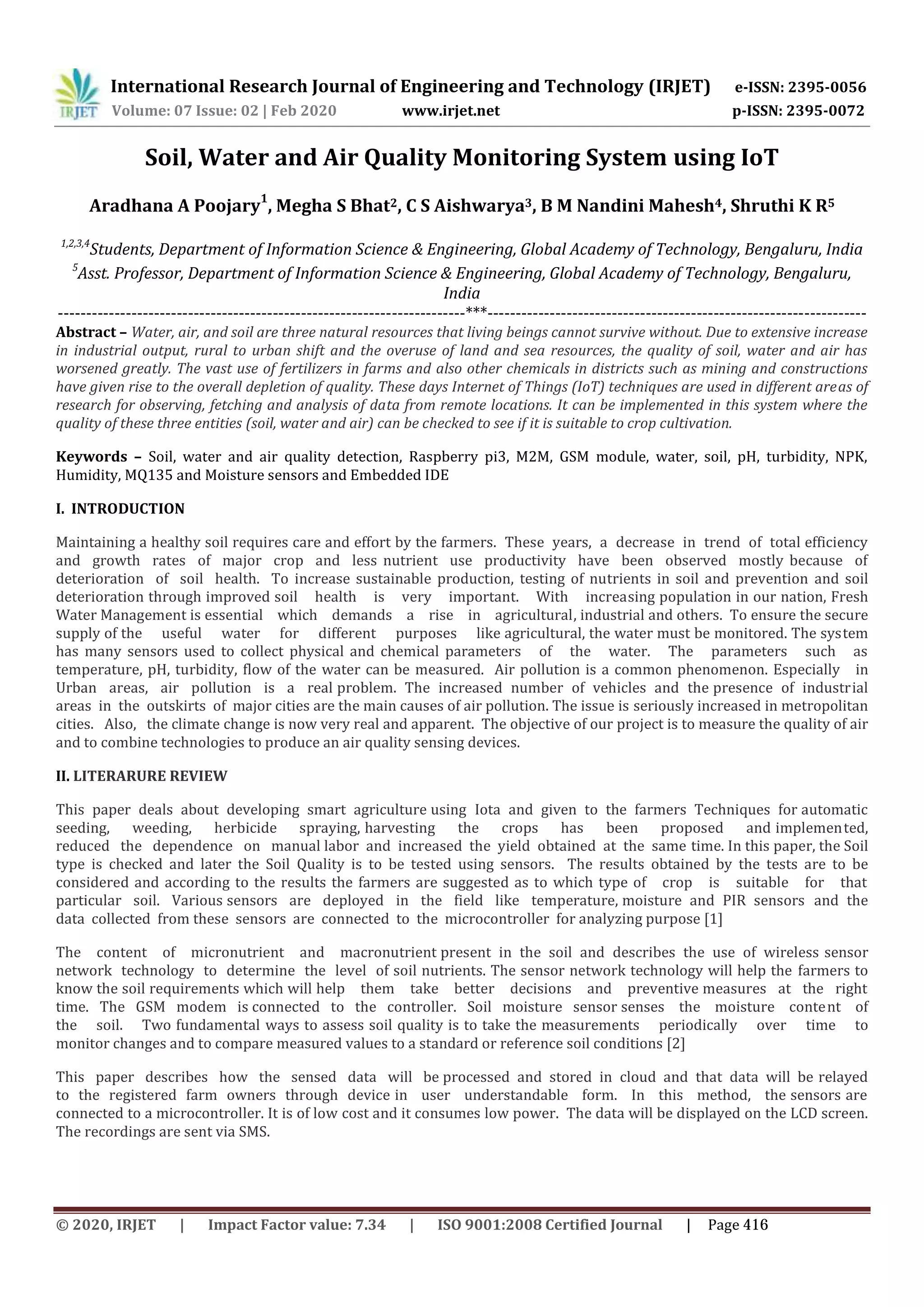 IRJET- Soil, Water and Air Quality Monitoring System using IoT | PDF