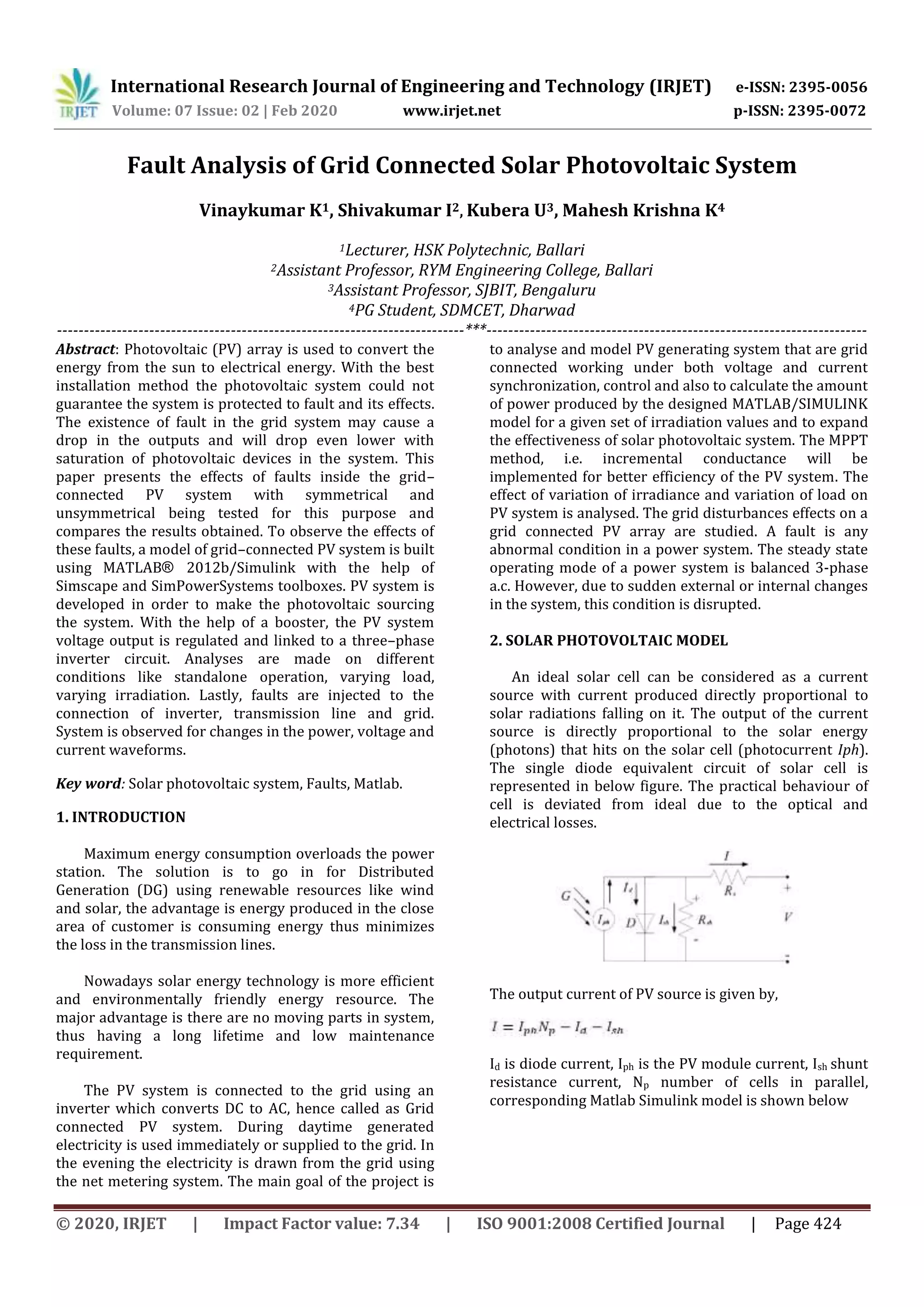 Irjet Fault Analysis Of Grid Connected Solar Photovoltaic System Pdf