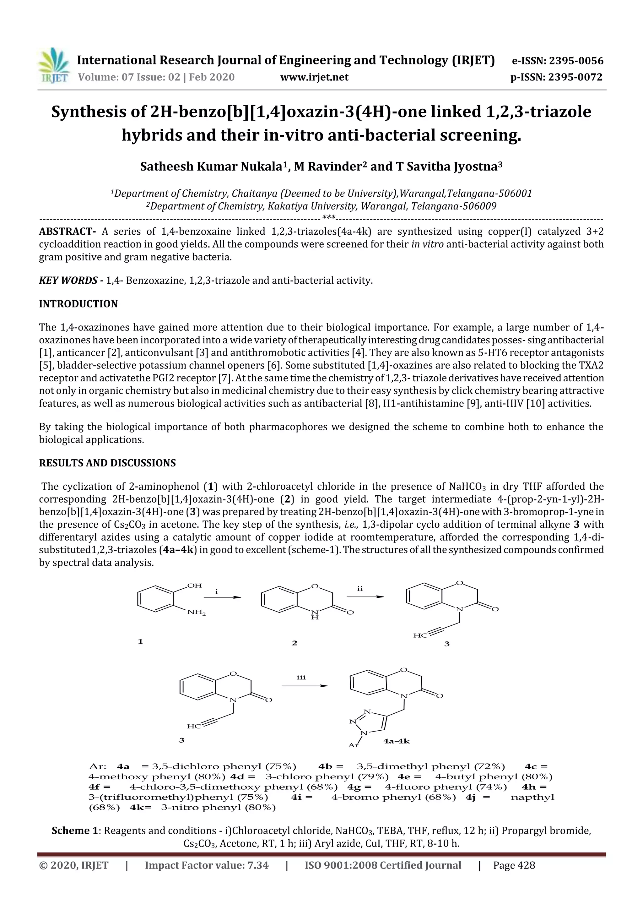 IRJET- Synthesis of 2H-Benzo[B][1,4]Oxazin-3(4H)-One Linked 1,2,3 ...