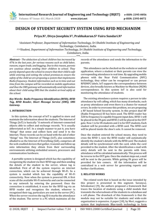 IRJET - Design of Student Security System using RFID Mechanism | PDF