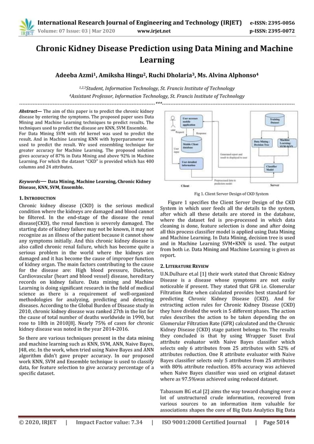 IRJET - Chronic Kidney Disease Prediction using Data Mining and Machine Learning | PDF