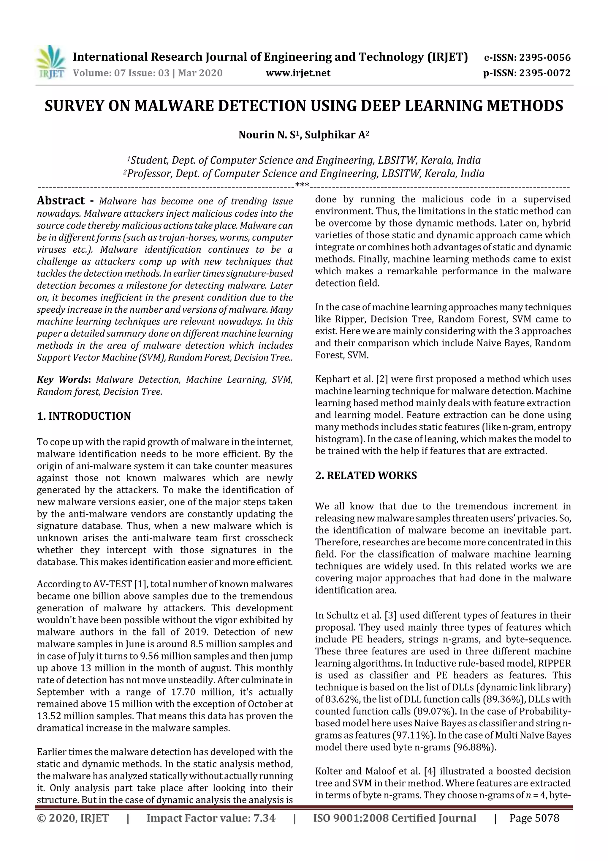 IRJET - Survey on Malware Detection using Deep Learning Methods | PDF