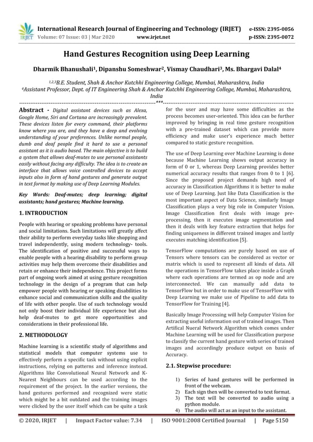 IRJET - Hand Gestures Recognition using Deep Learning | PDF | Digital ...