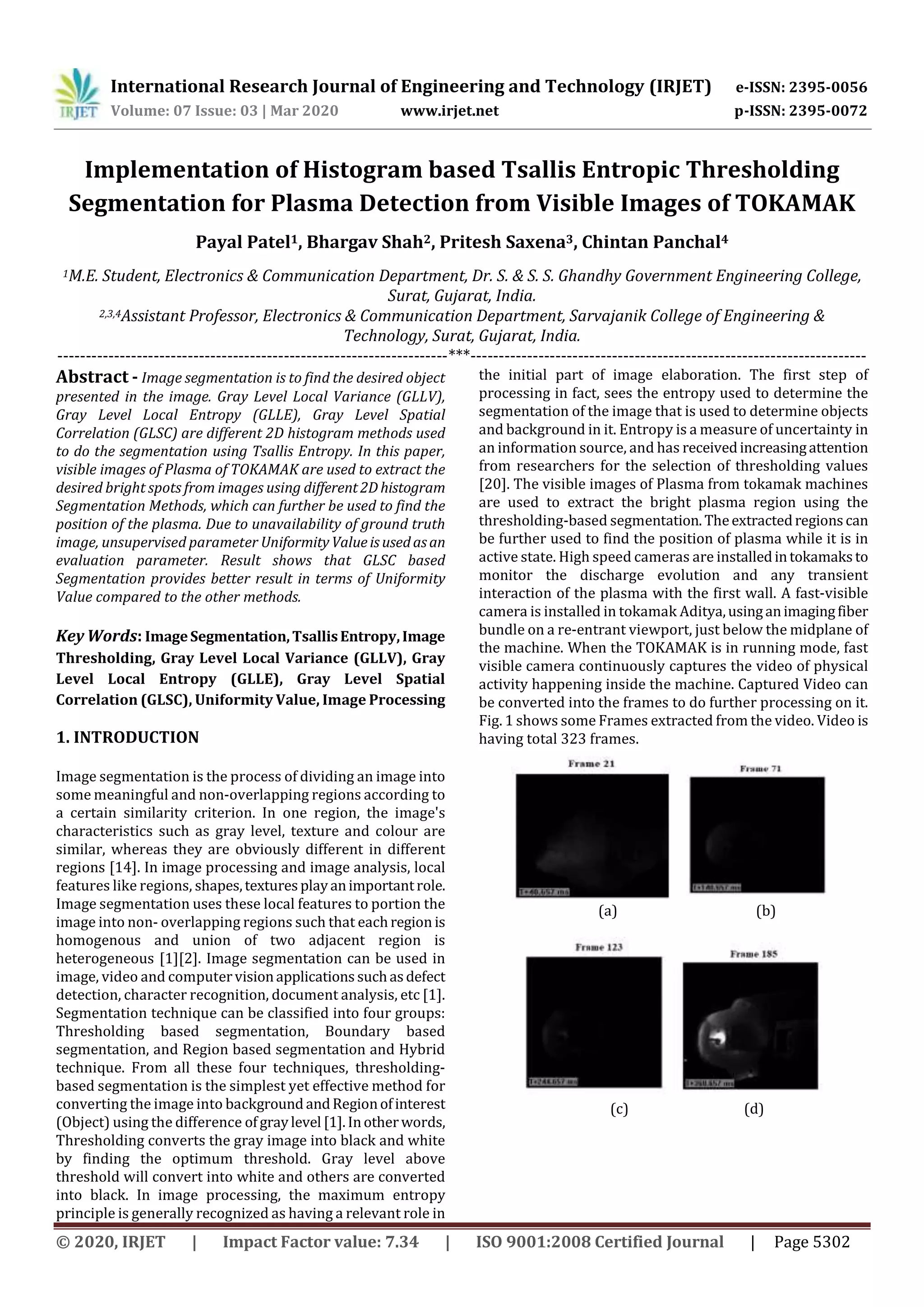 IRJET- Implementation of Histogram based Tsallis Entropic Thresholding Segmentation for Plasma ...