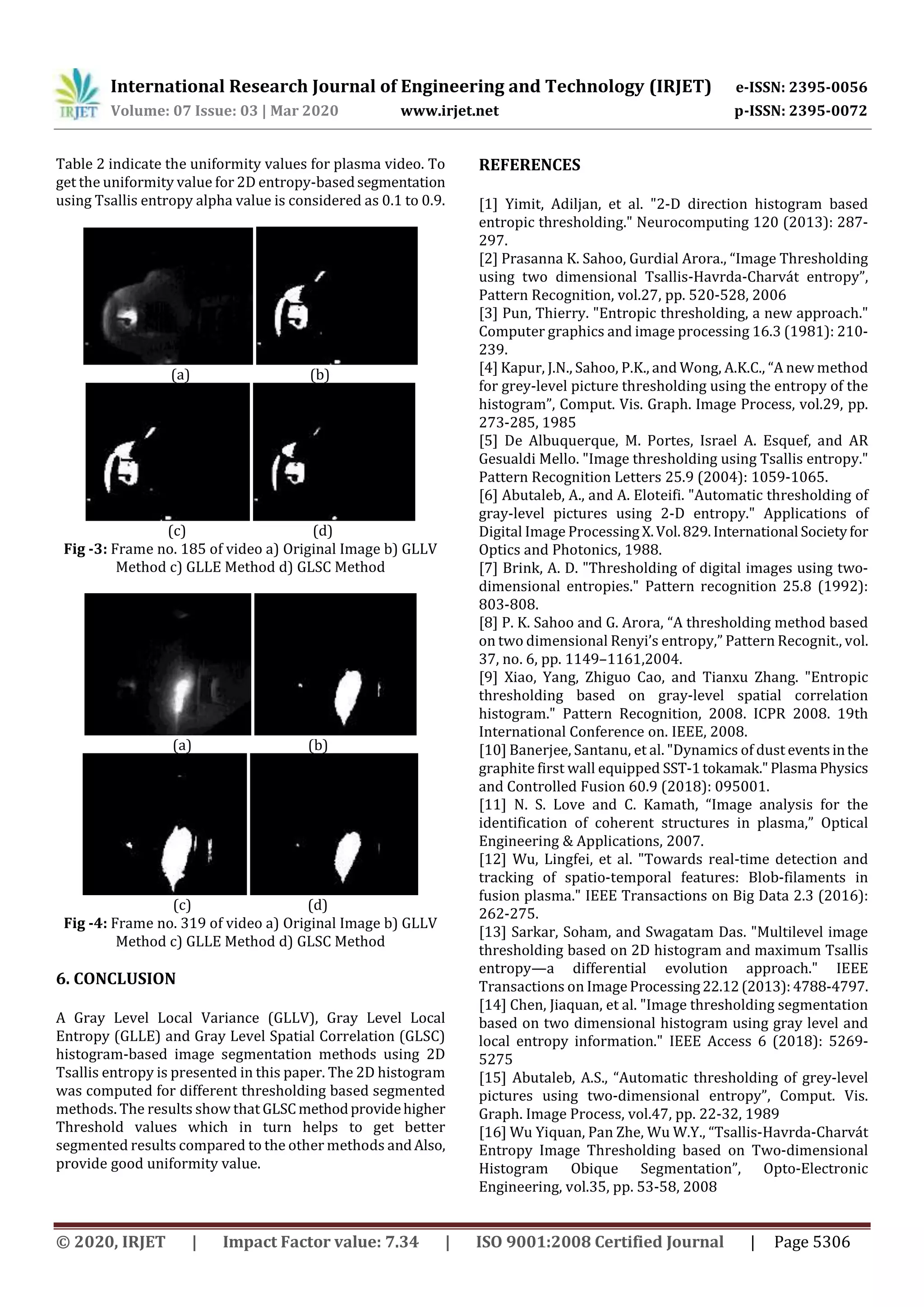 IRJET- Implementation of Histogram based Tsallis Entropic Thresholding Segmentation for Plasma ...