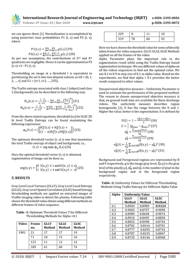 Irjet Implementation Of Histogram Based Tsallis Entropic Thresholding Segmentation For Plasma