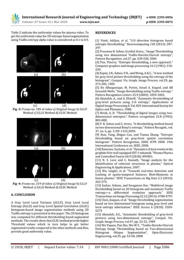 Irjet Implementation Of Histogram Based Tsallis Entropic Thresholding Segmentation For Plasma