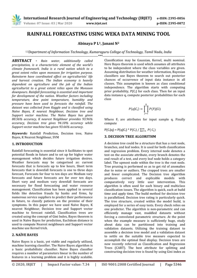 IRJET - Rainfall Forecasting using Weka Data Mining Tool | PDF