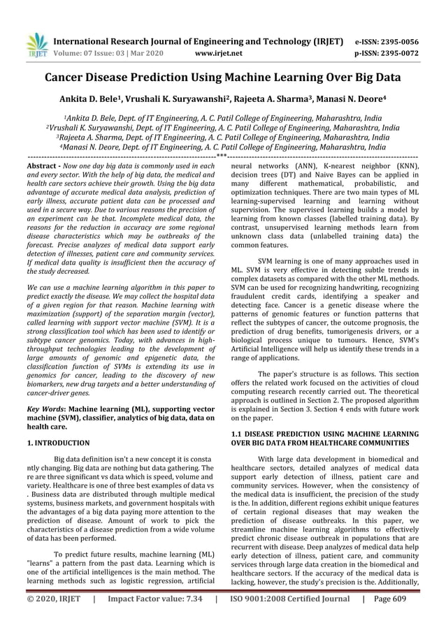 IRJET- Cancer Disease Prediction using Machine Learning over Big Data | PDF