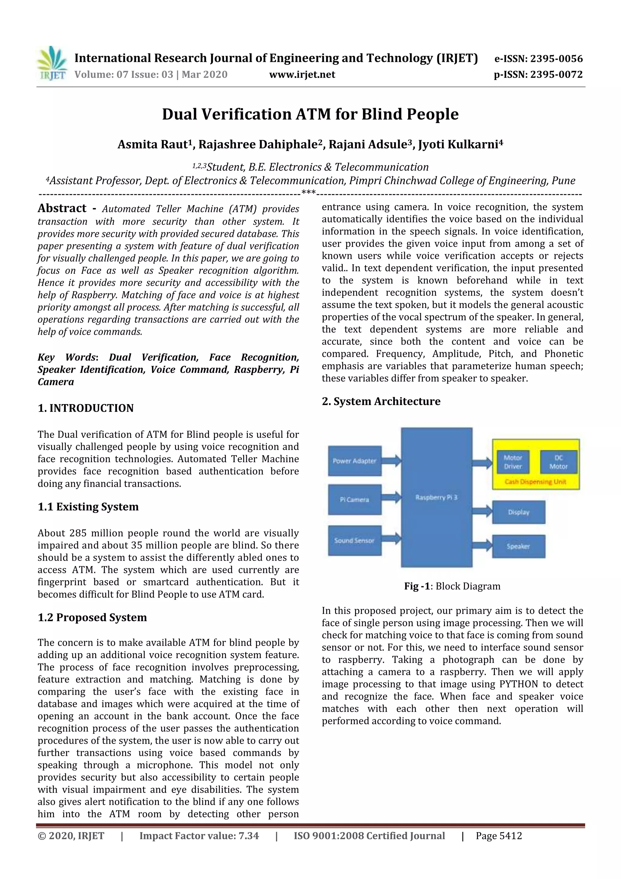 IRJET - Dual Verification ATM for Blind People | PDF | Digital Audio ...