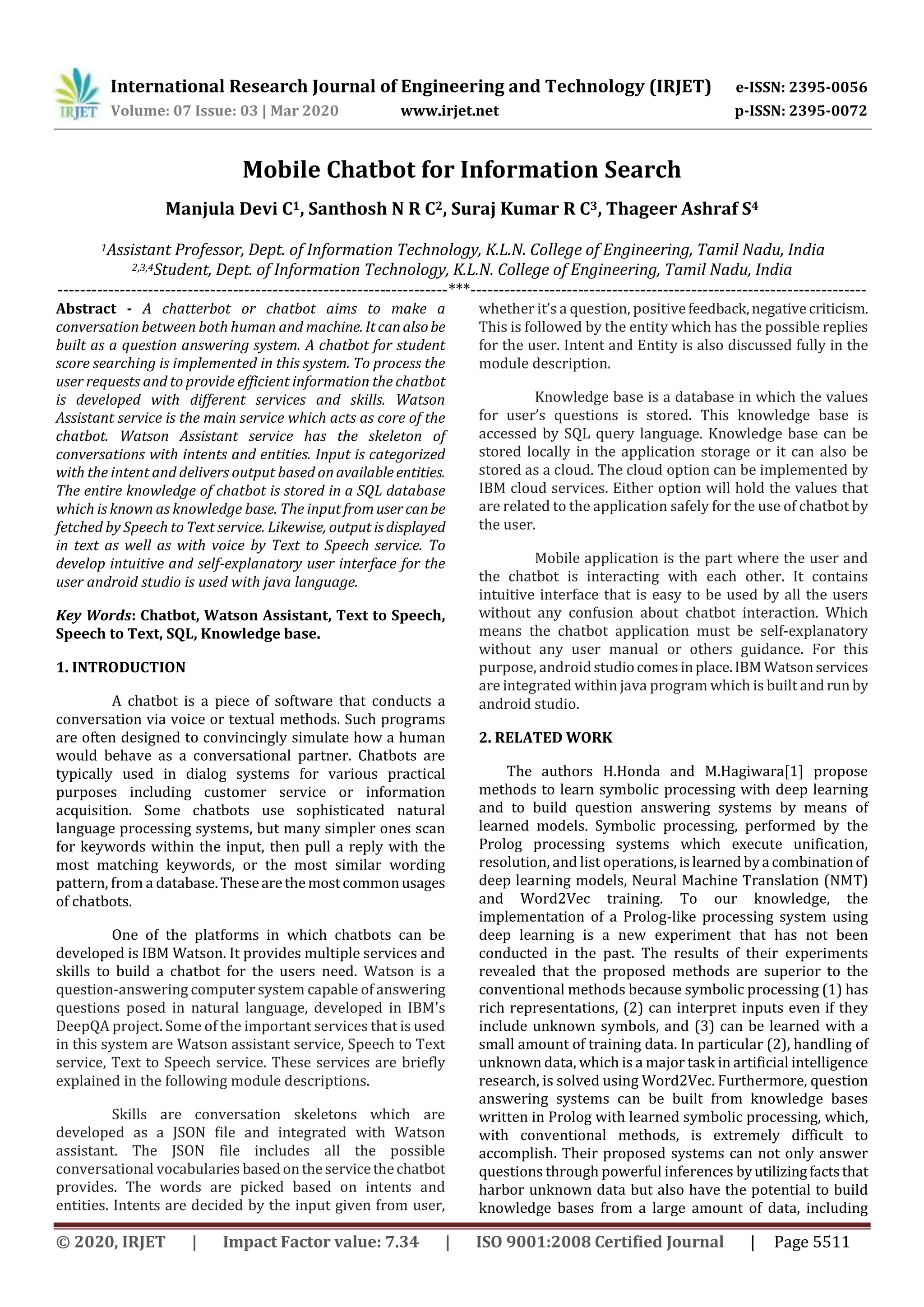 IRJET - Mobile Chatbot for Information Search | PDF | Computer Software ...