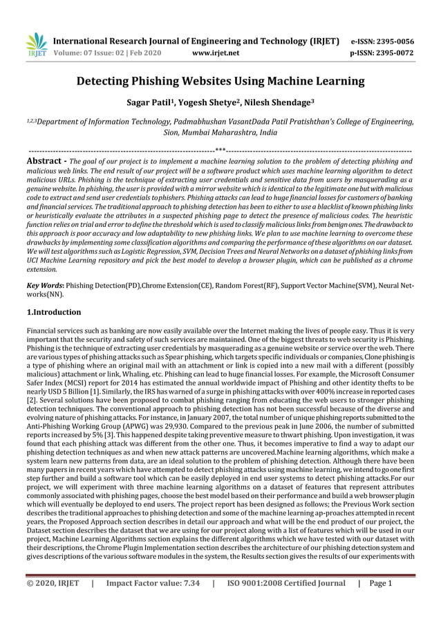 Irjet Detecting Phishing Websites Using Machine Learning Pdf