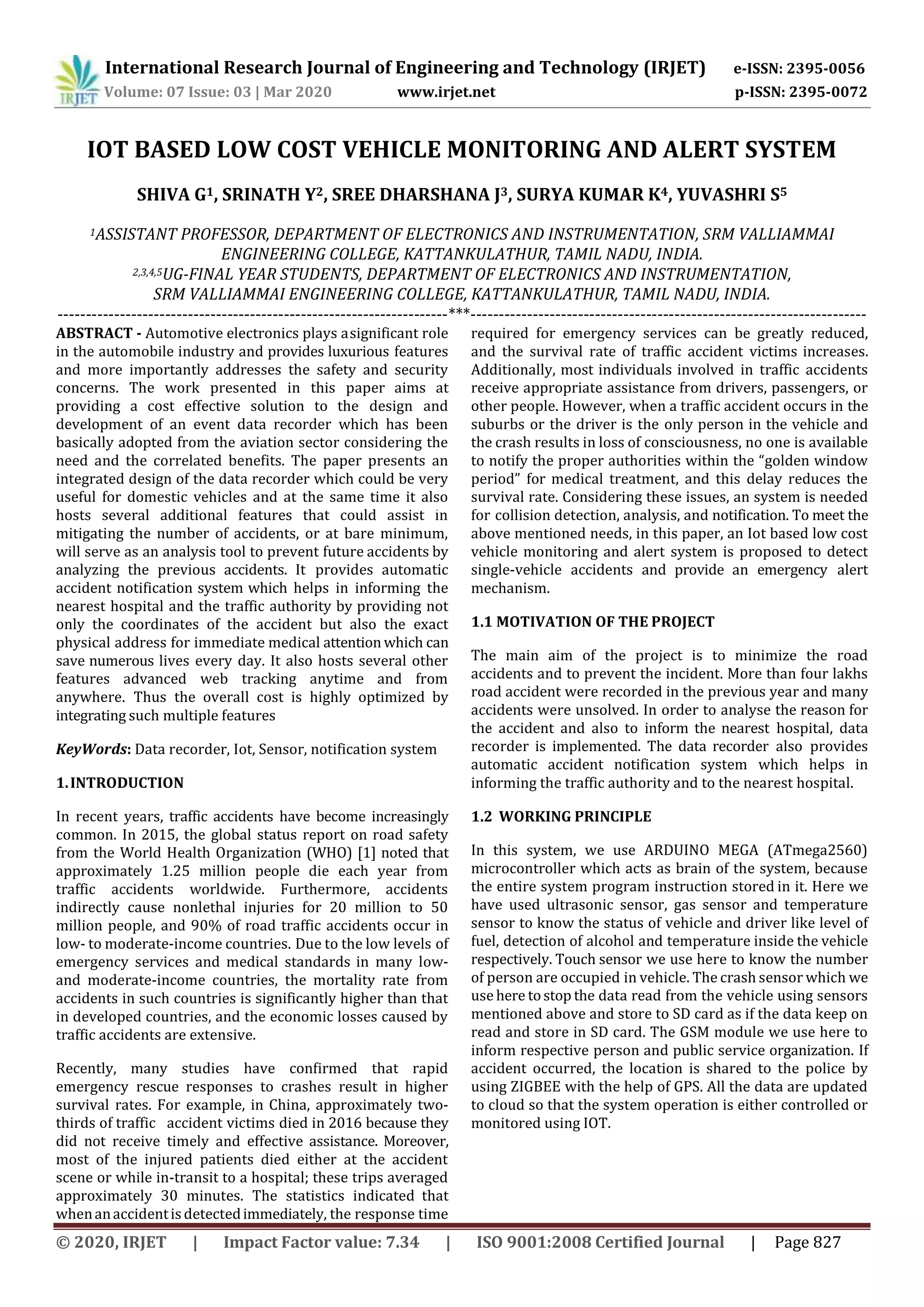 IRJET - IoT based Low Cost Vehicle Monitoring and Alert System | PDF