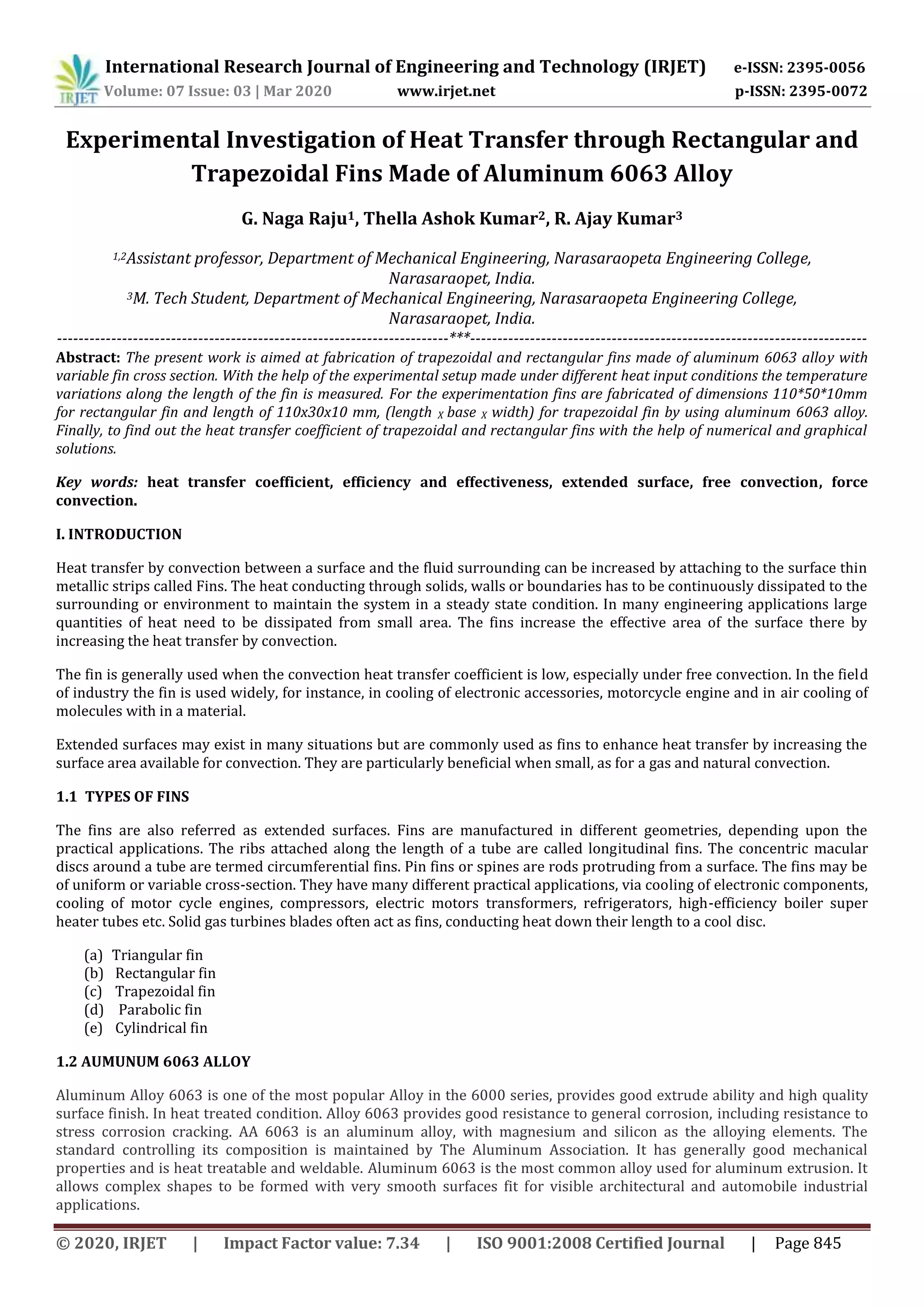 IRJET - Experimental Investigation of Heat Transfer through Rectangular and Trapezoidal Fins ...