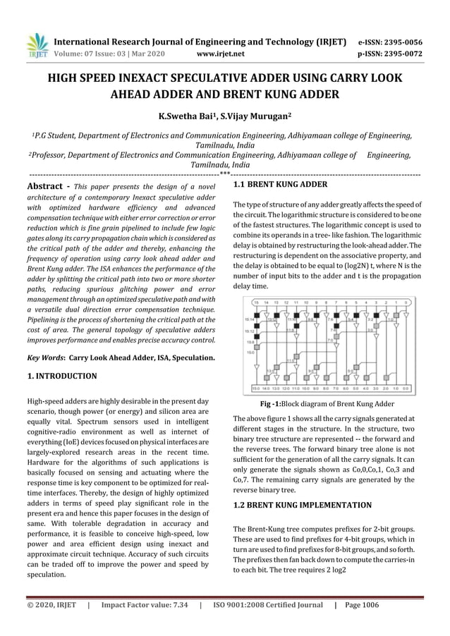 IRJET - High Speed Inexact Speculative Adder using Carry Look Ahead Adder and Brent Kung Adder | PDF
