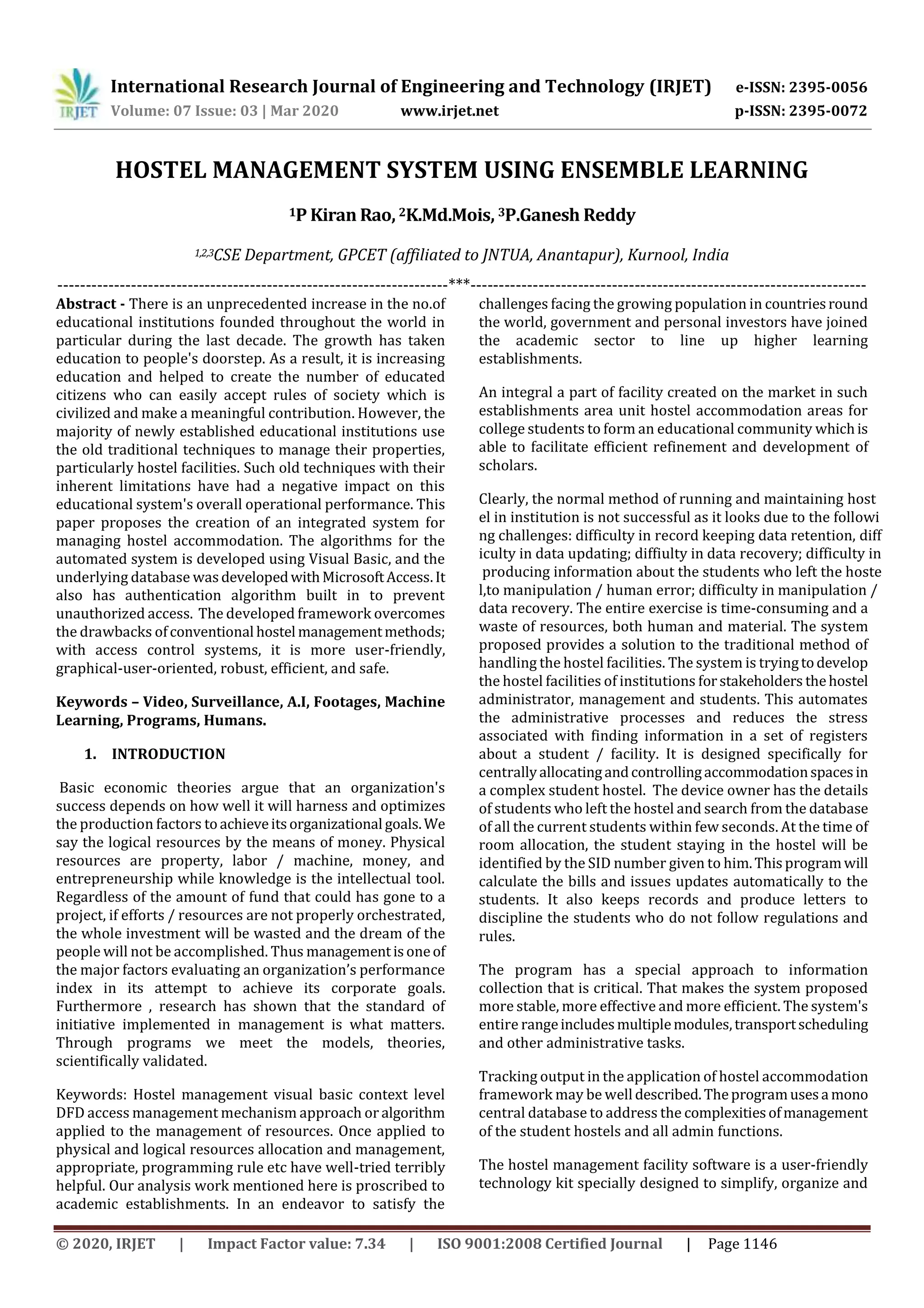 IRJET - Hostel Management System using Ensemble Learning | PDF | Computer Software and ...