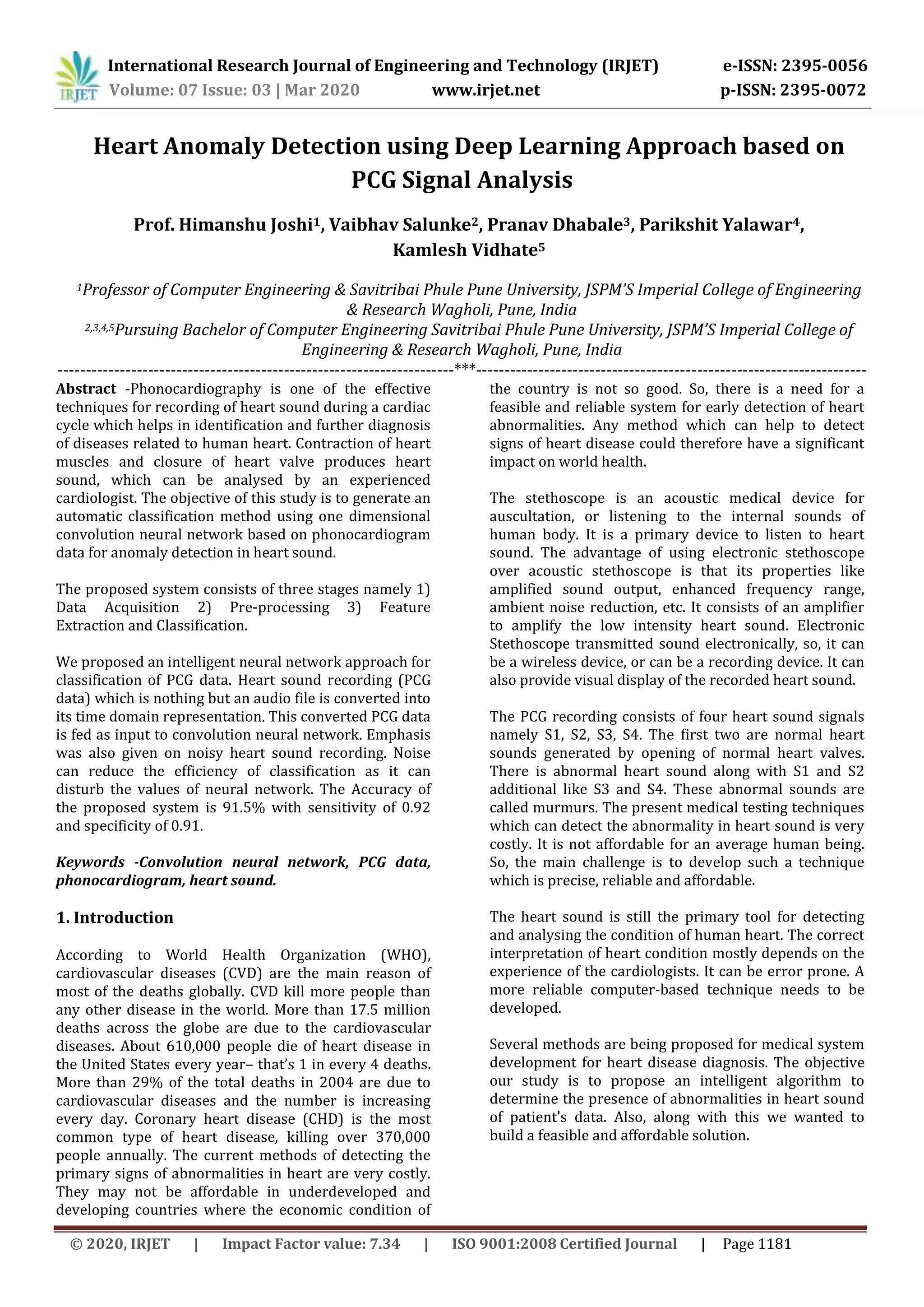 Irjet Heart Anomaly Detection Using Deep Learning Approach Based On Pcg Signal Analysis Pdf