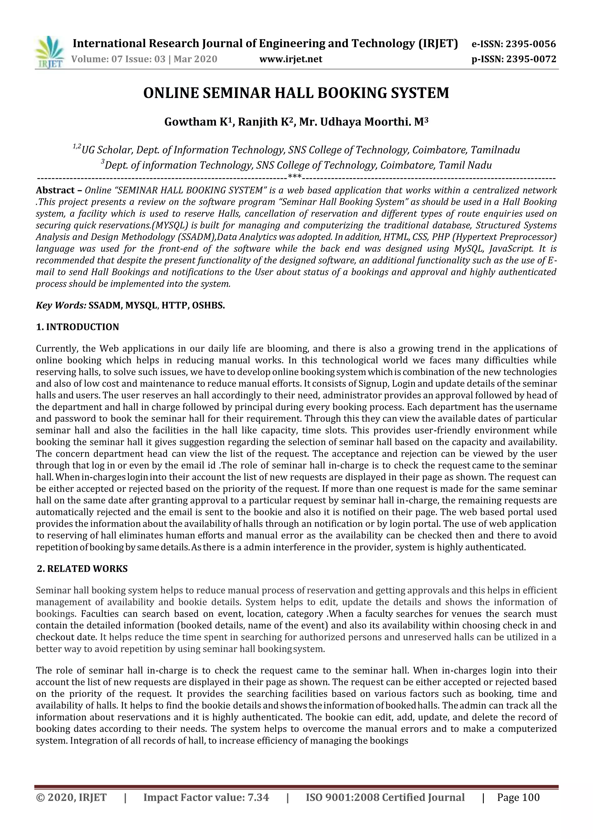 IRJET - Online Seminar Hall Booking System | PDF