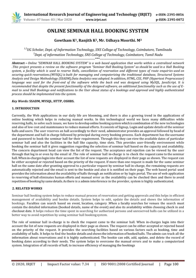 IRJET - Online Seminar Hall Booking System | PDF