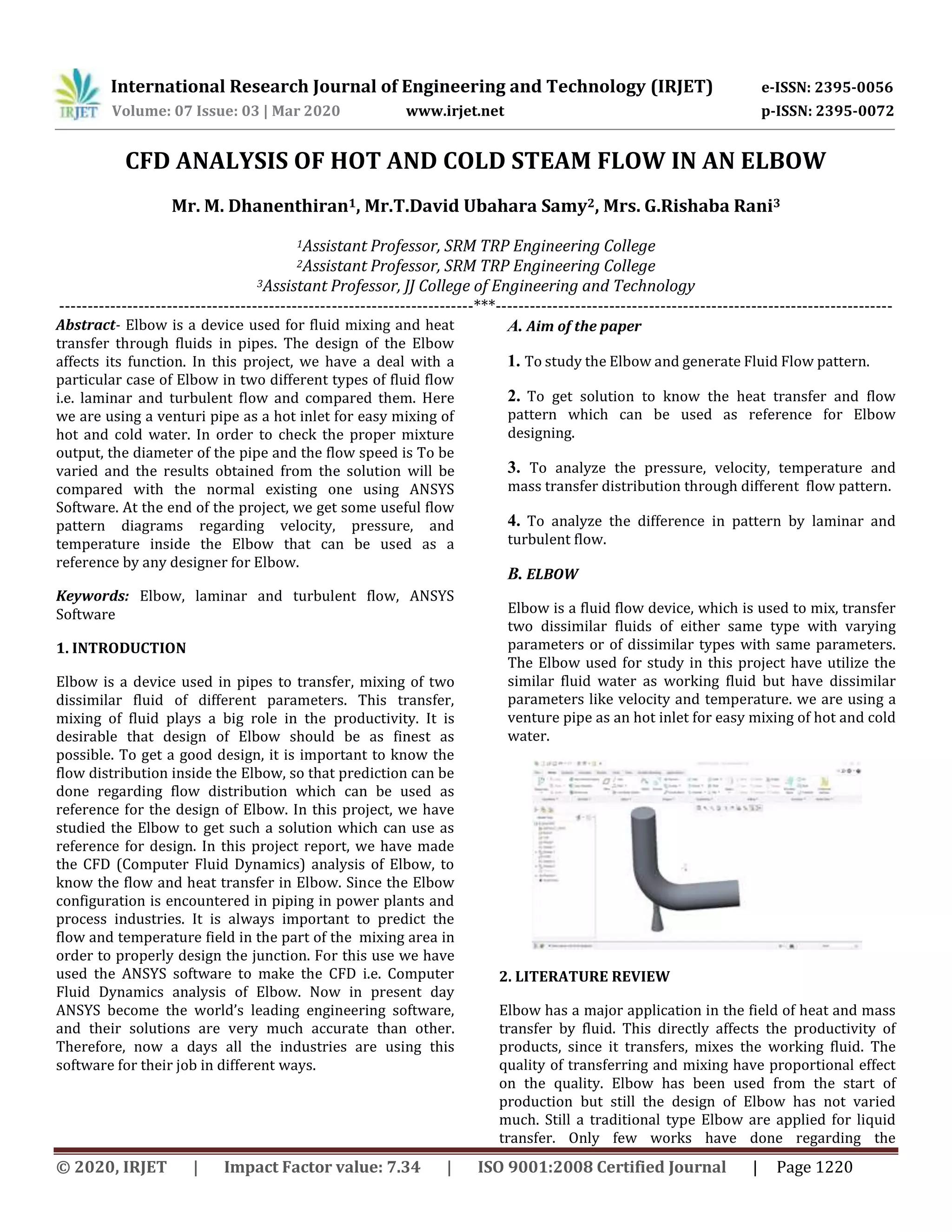 IRJET - CFD Analysis of Hot and Cold Steam Flow in an Elbow | PDF