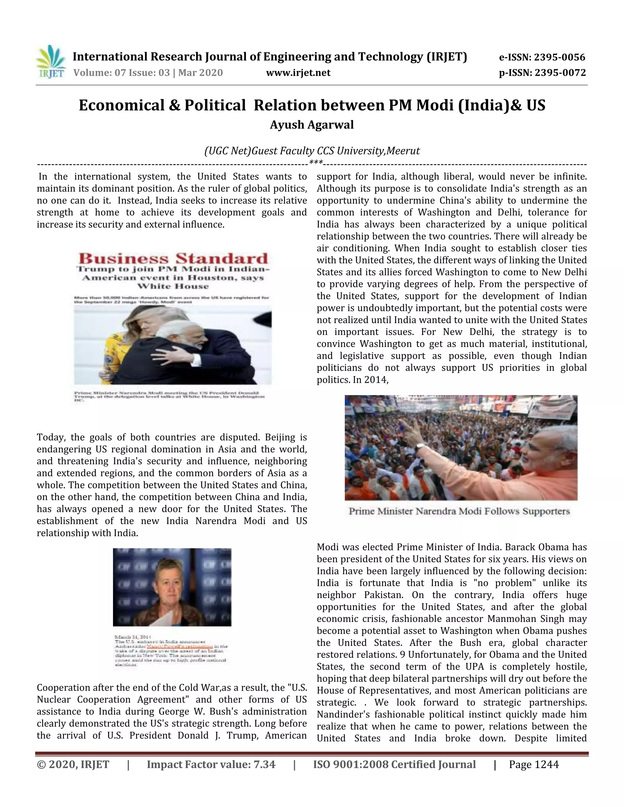 IRJET - Economical Political Relation between PM Modi (India)& US | PDF