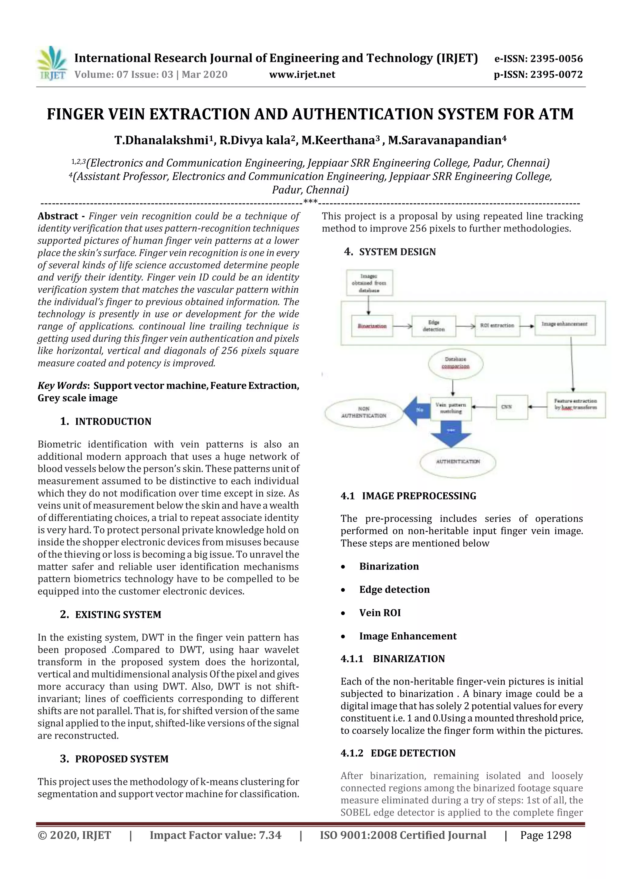 IRJET - Finger Vein Extraction and Authentication System for ATM | PDF