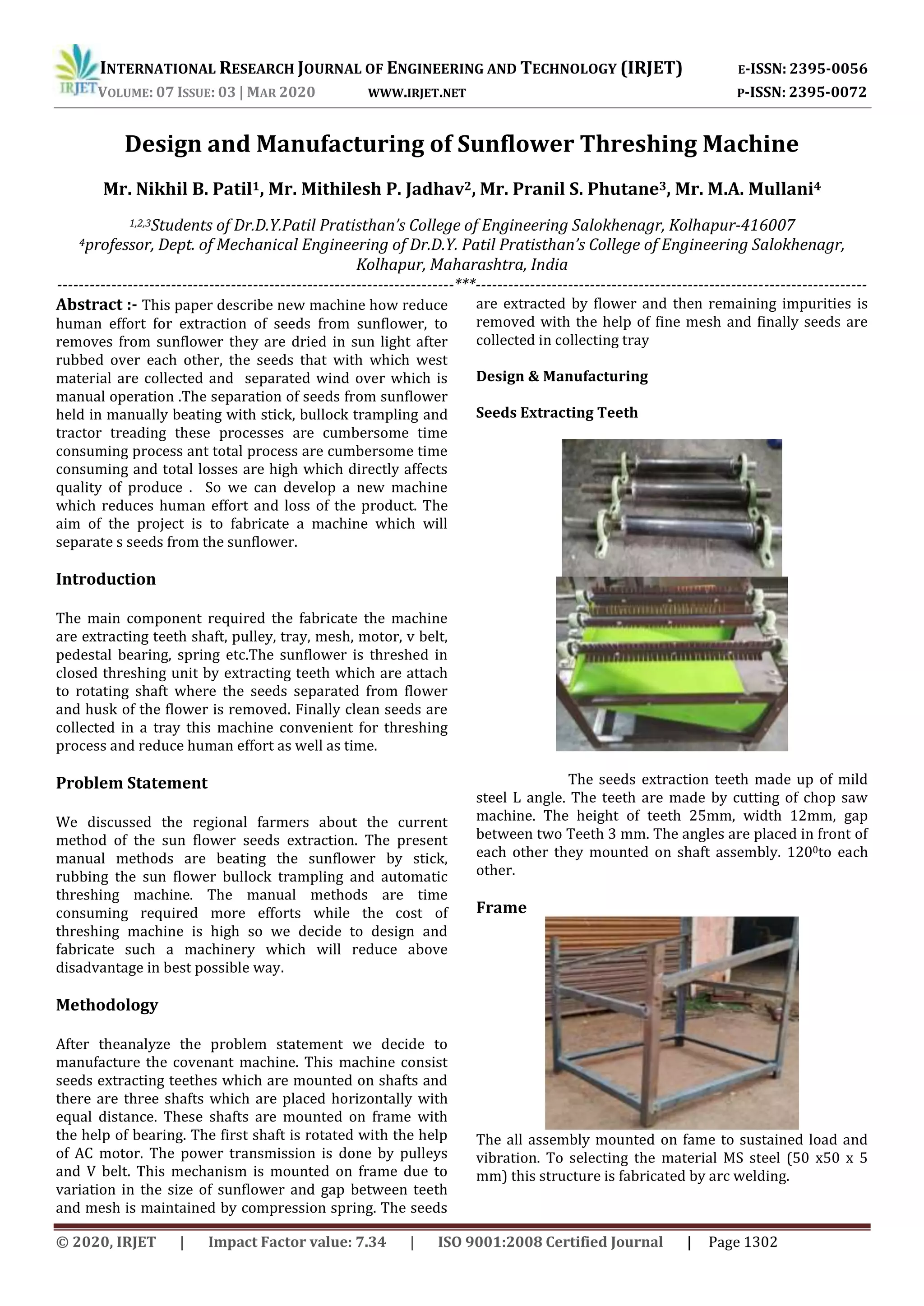 IRJET - Design and Manufacturing of Sunflower Threshing Machine | PDF