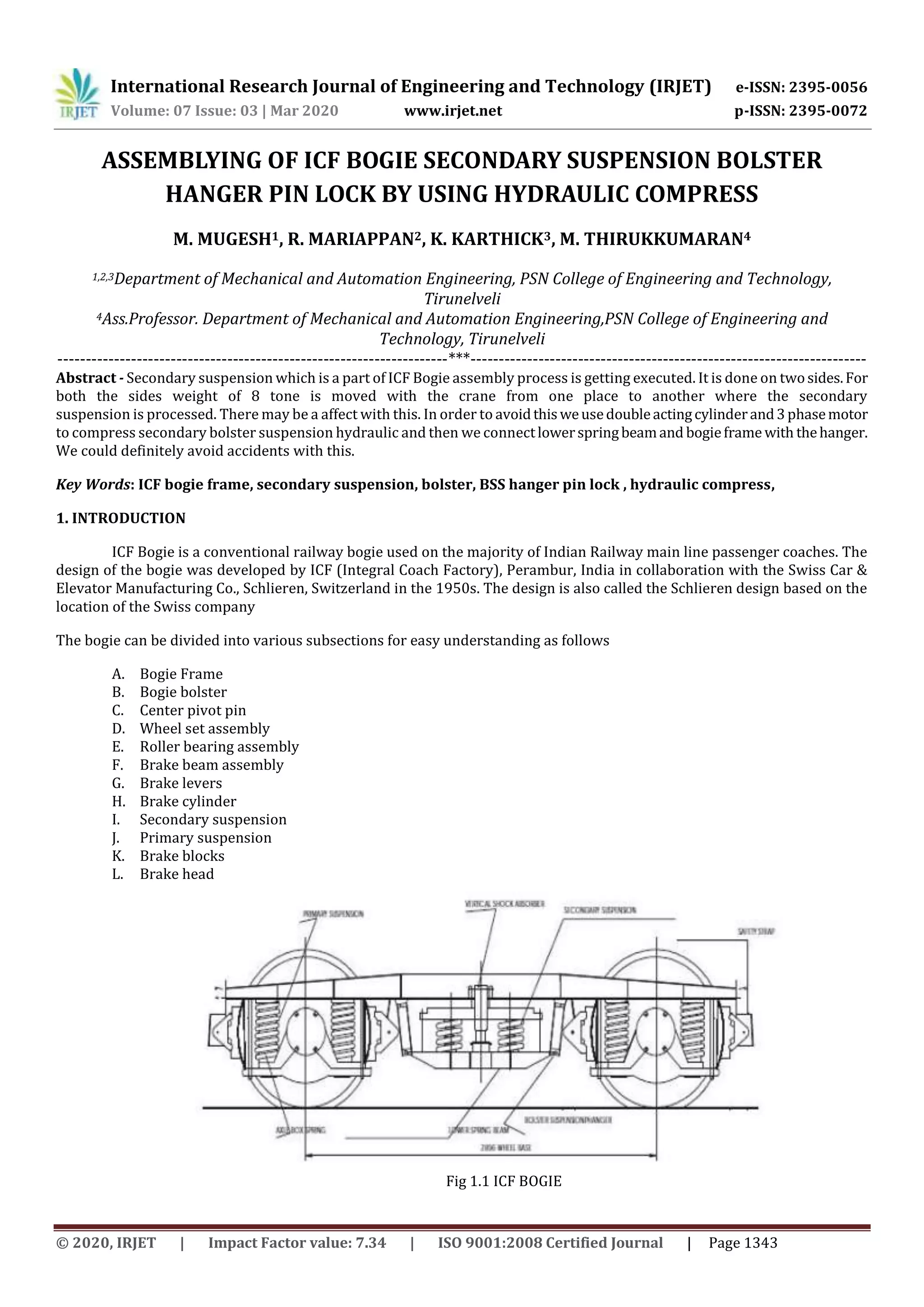 IRJET - Assemblying of ICF Bogie Secondary Suspension Bolster Hanger Pin Lock by using Hydraulic ...